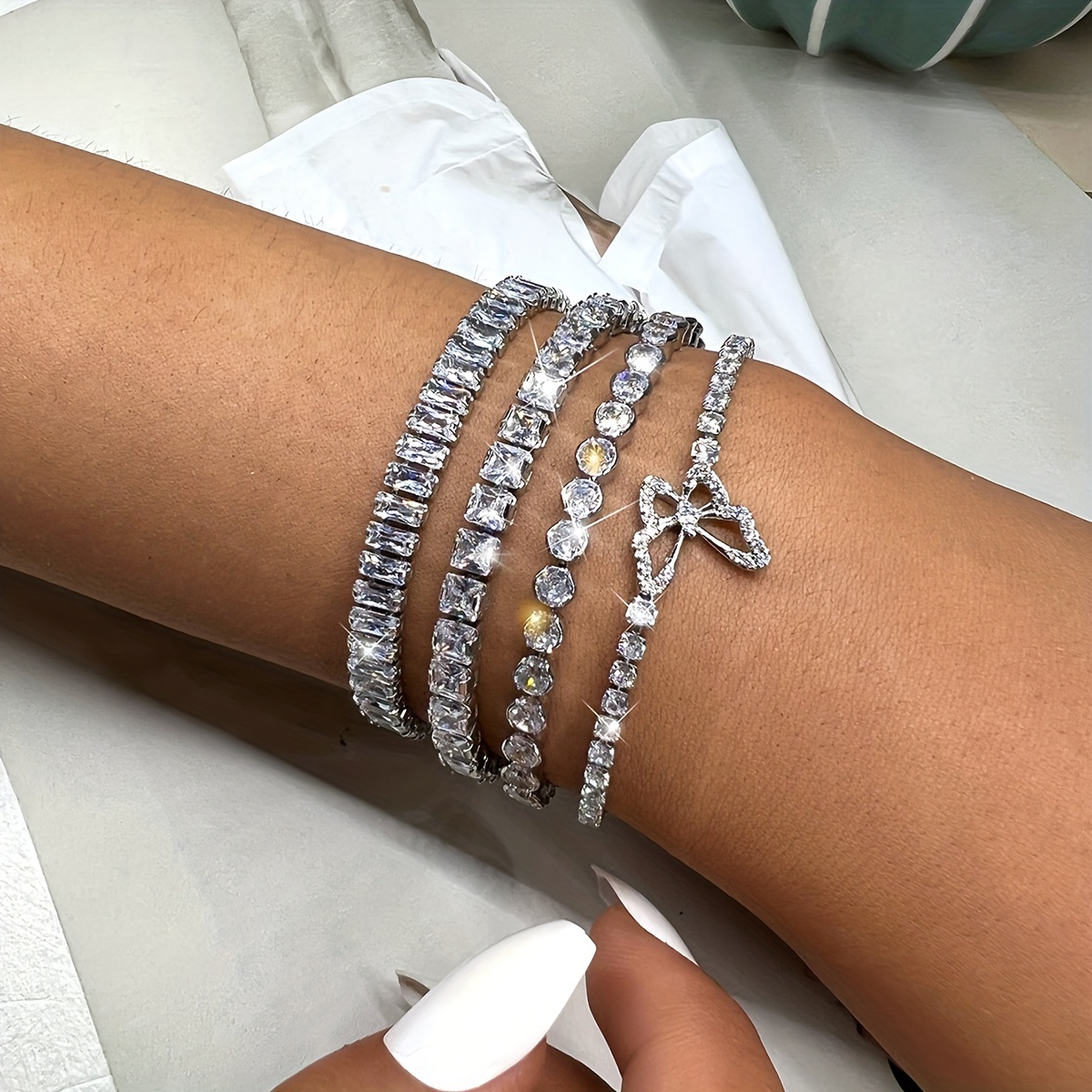 Iced Out Shiny Rhinestone Tennis Bracelet Elegant Hand Chain - Temu ...