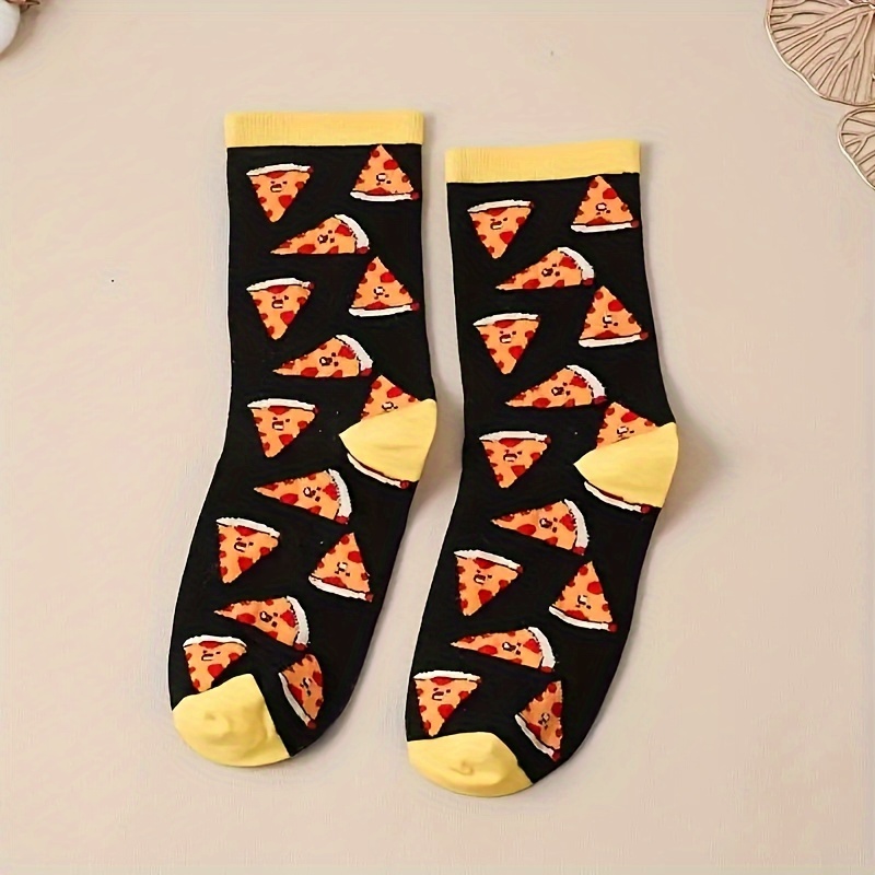 1 Pair Of Men's Trendy Cartoon Pizza Pattern Crew Socks, Breathable ...