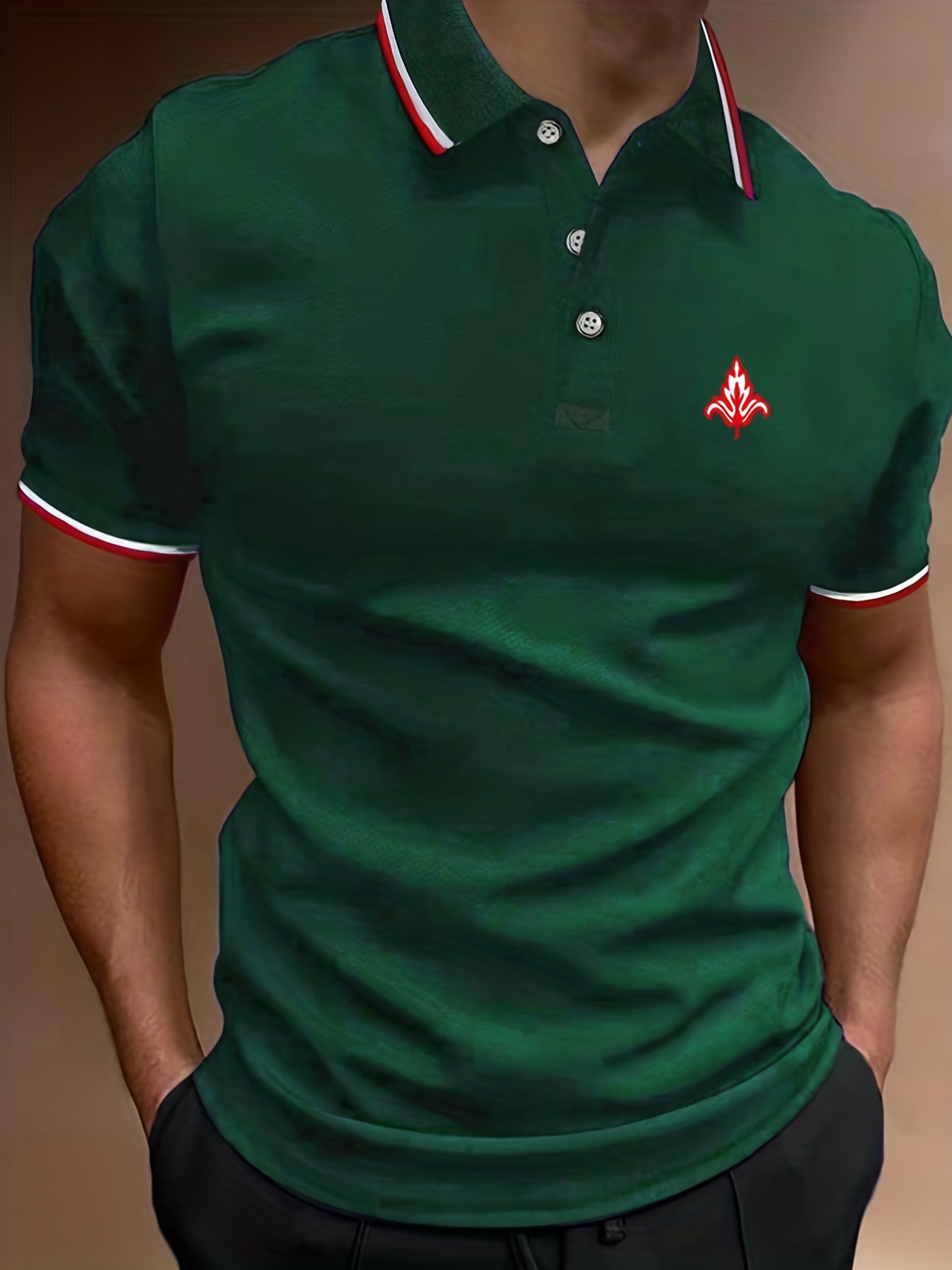 Red Leaf Pattern Stripe Edge Casual Slightly Stretch Button Temu Ireland