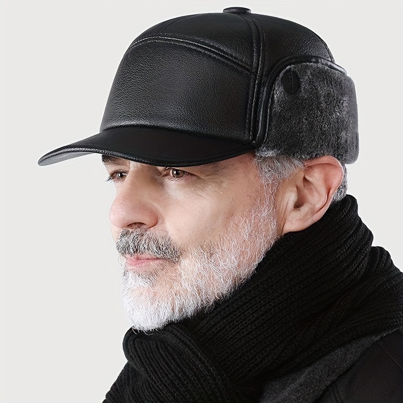 1pc simple warm pu leather hat for middle and elderly men thickened ...