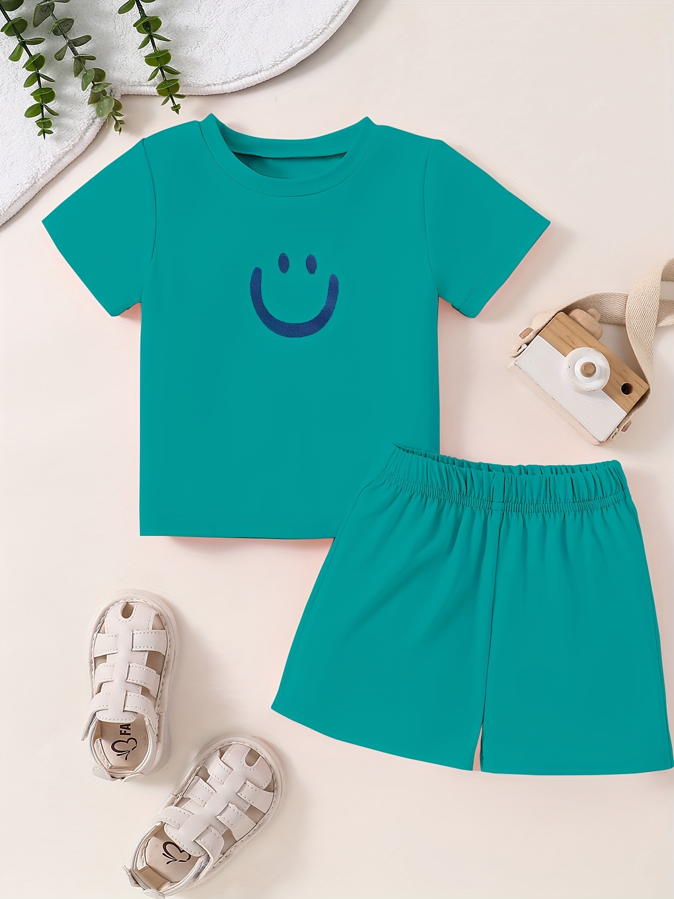 Baby's Classic Happy Face Print Summer Outfit T shirt Shorts - Temu Denmark