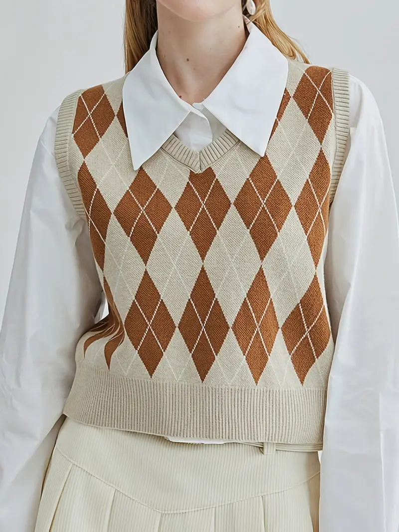 Argyle Print Knit Vest Preppy V Neck Sleeveless Vest Season Temu