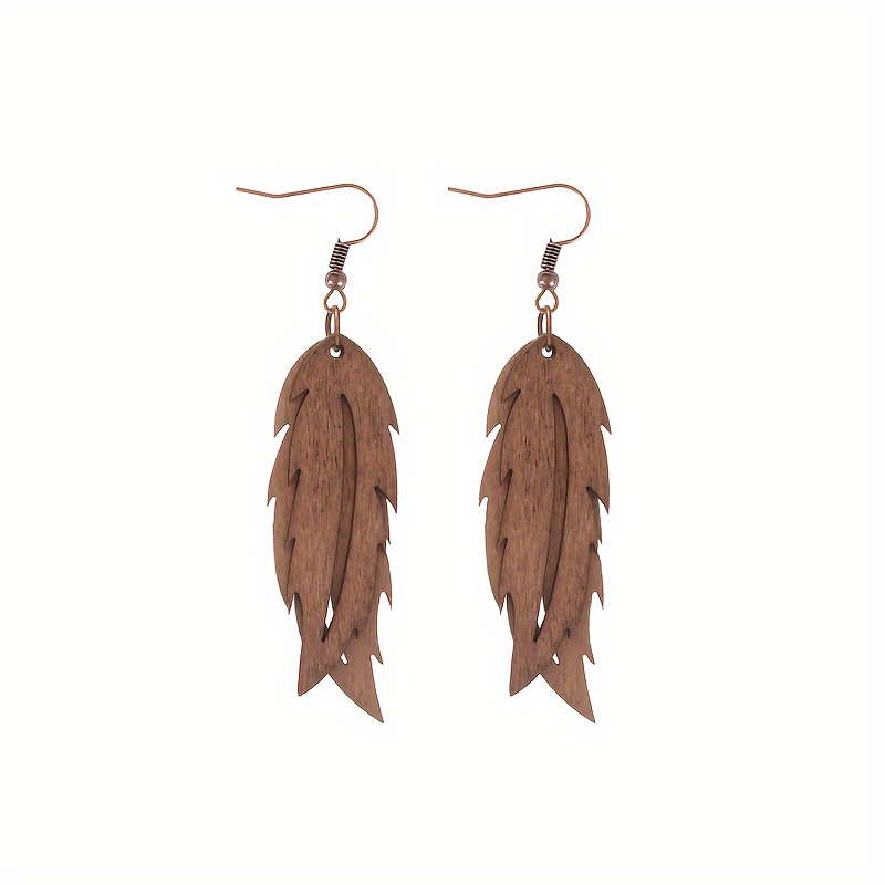 Vintage Double Layer Feather Leaf Shape Wooden Dangle - Temu New Zealand