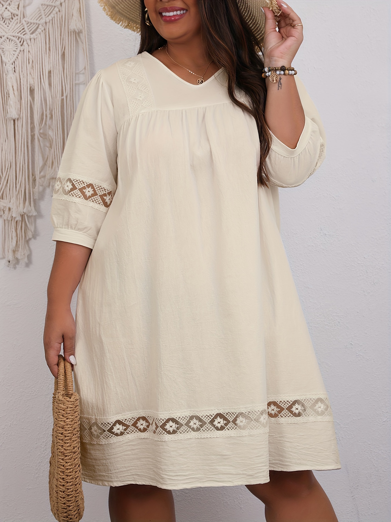 Plus Size Casual Dress Womens Plus Solid Contrast Lace Temu