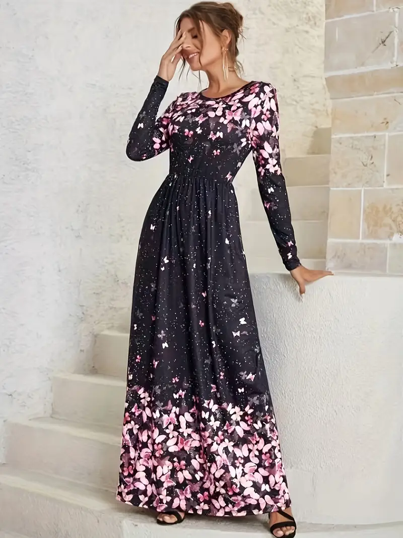 Floral Print Crew Neck Dress Elegant Long Sleeve Smocked Temu Canada