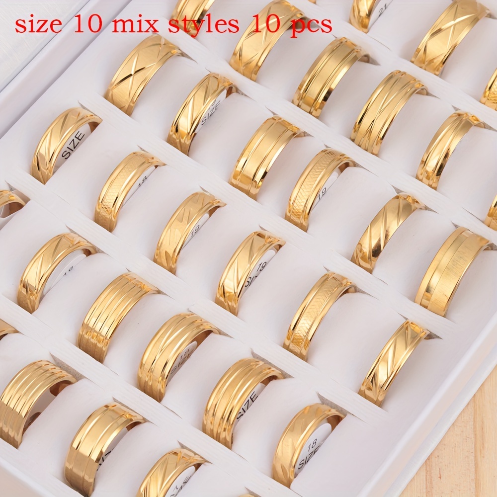 Golden Waterproof Stainless Steel Stripe Rings 18k Gold - Temu United ...
