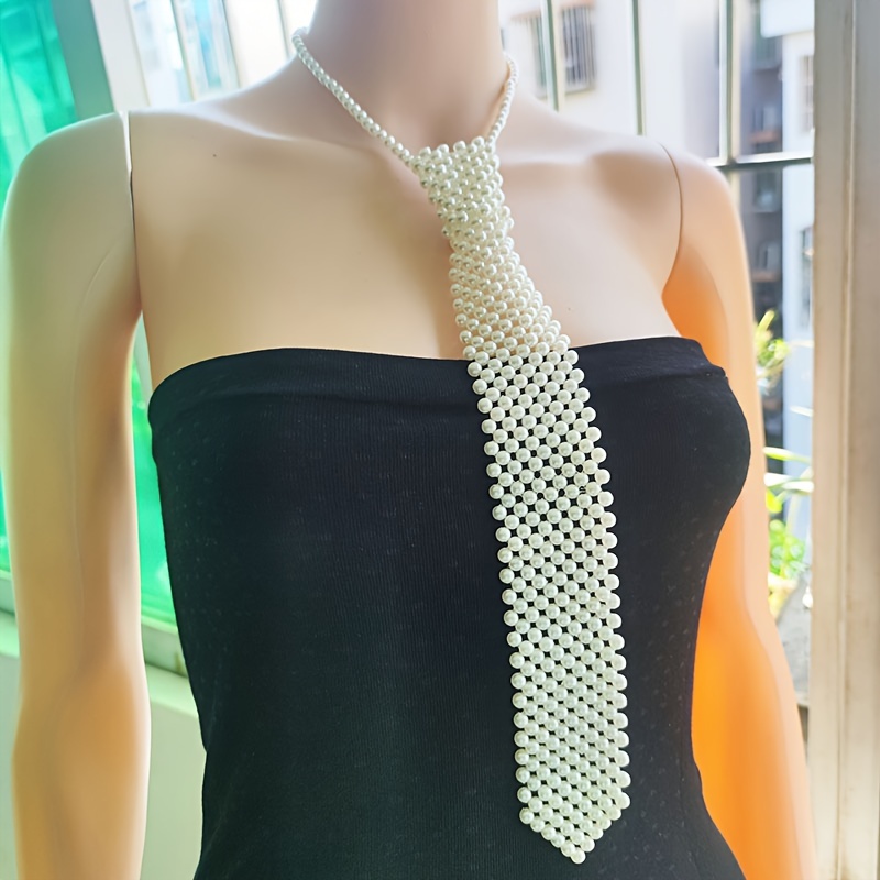 White Beads Necklace With Faux Collar Bow Tie Handmade Faux - Temu ...