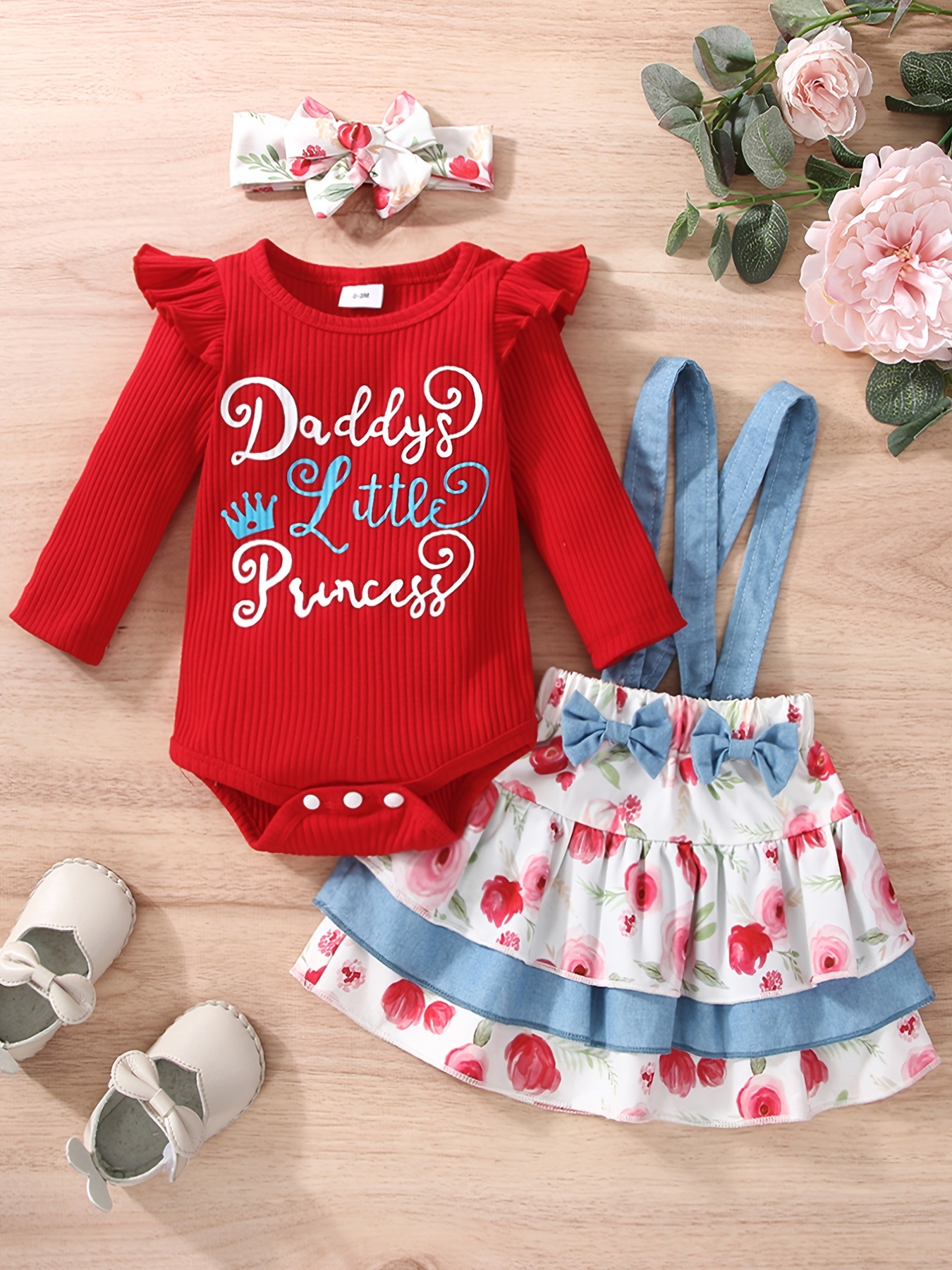 幼児の女の子のための可愛い秋の服装 フリルレースロンパース 花柄サスペンダースカート＆ヘッドバンド！アウトドアウェア Temu Japan
