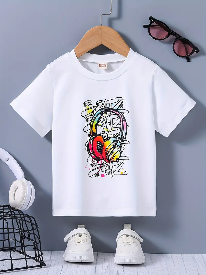 ボーイズヘッドフォングラフィックtシャツ カジュアルなややストレッチ性のある通気性のあるティー 夏のアウトドア用の子供服 Temu Japan