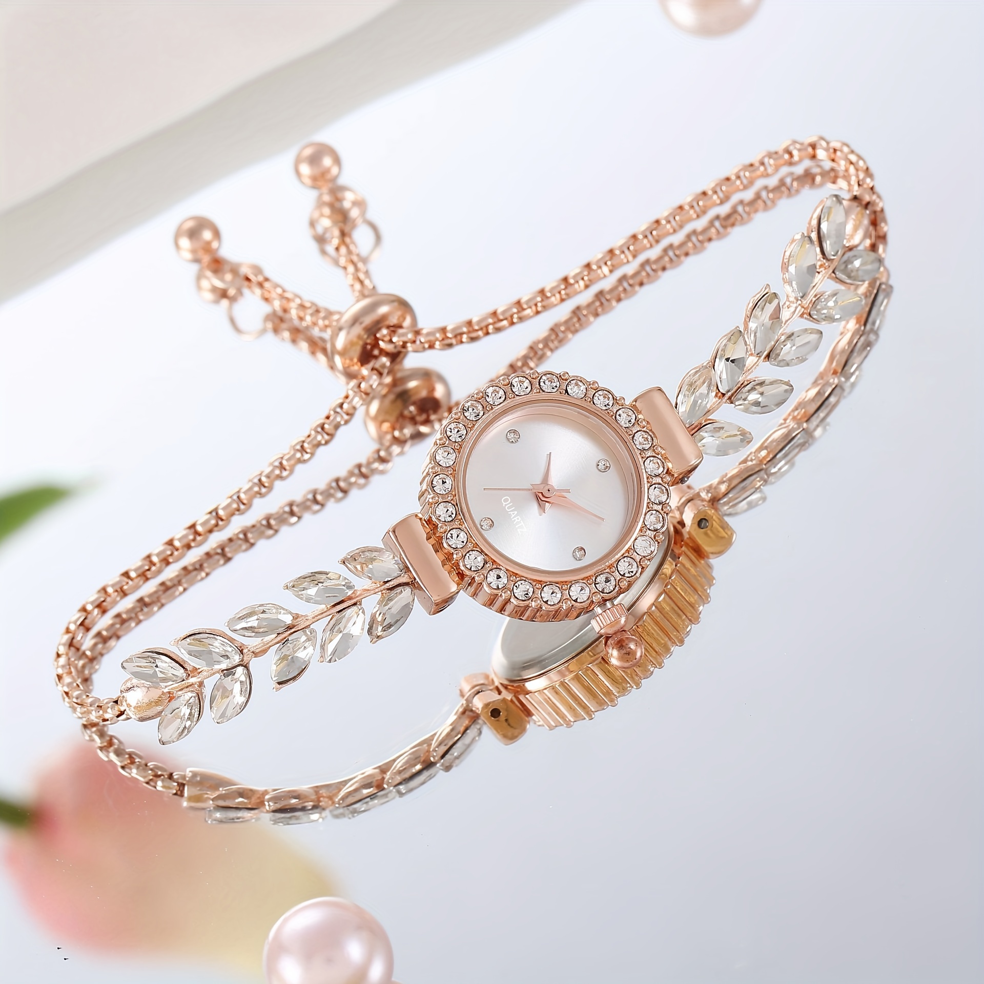 Women's Watch Elegant Rhinestone Leaf Quartz Bracelet Watch - Temu ...