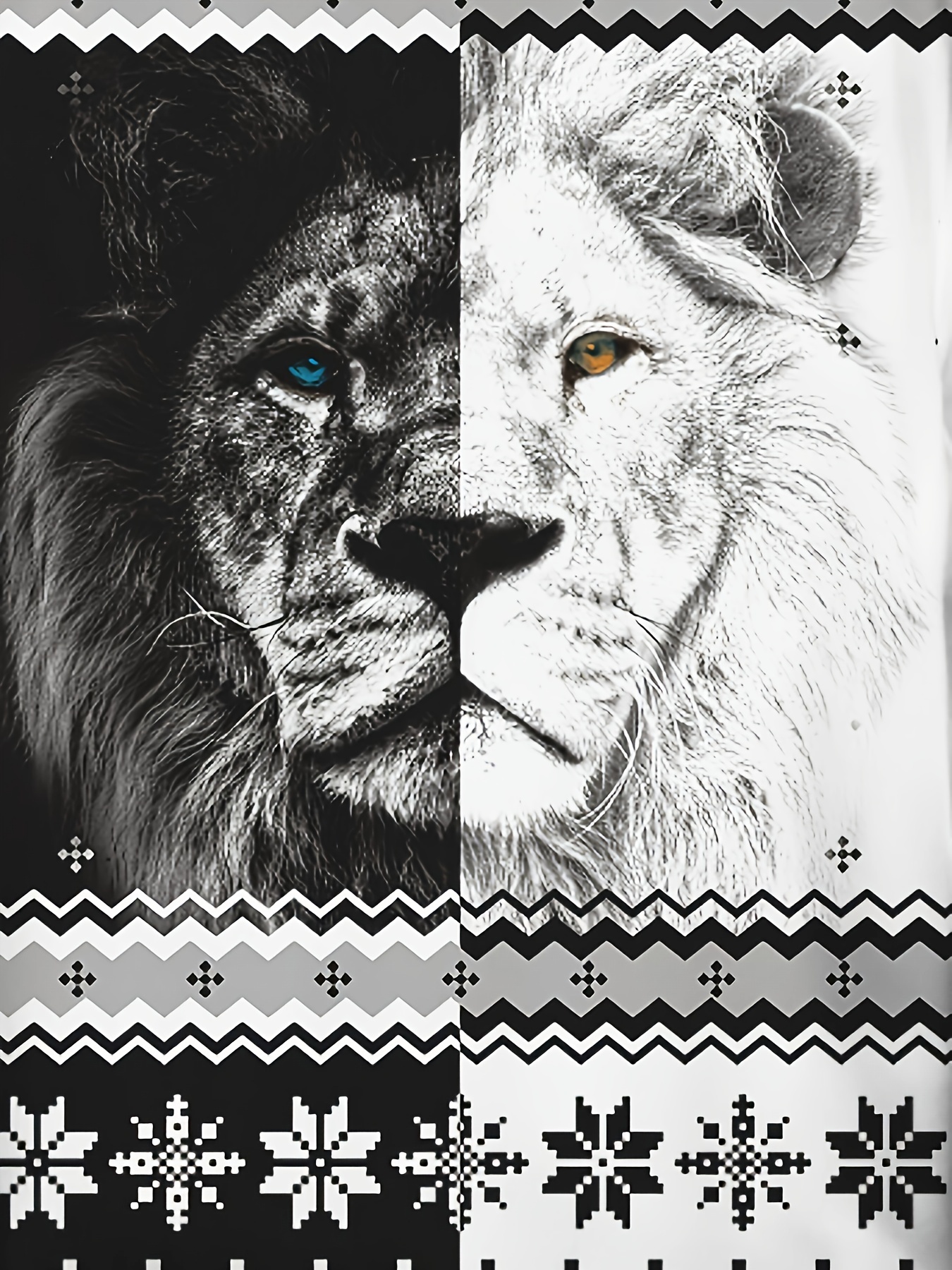 color block lion face snowflake graphic print men's long - Temu