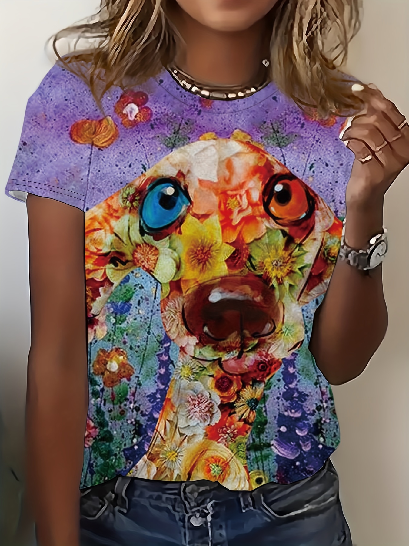 Floral Dog Print Crew Neck T shirt Casual Short Sleeve Top - Temu New ...