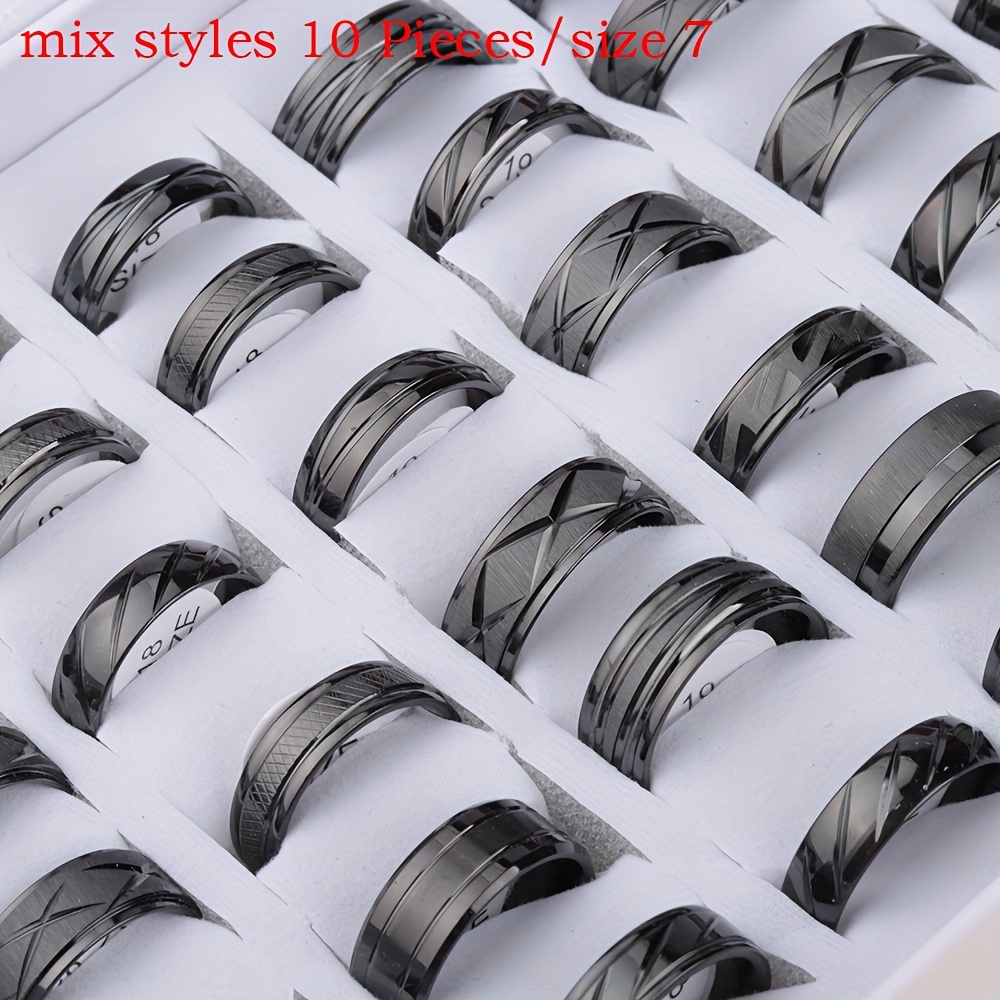 Black Stainless Steel Striped Pattern Rings Simple Versatile - Temu Ireland
