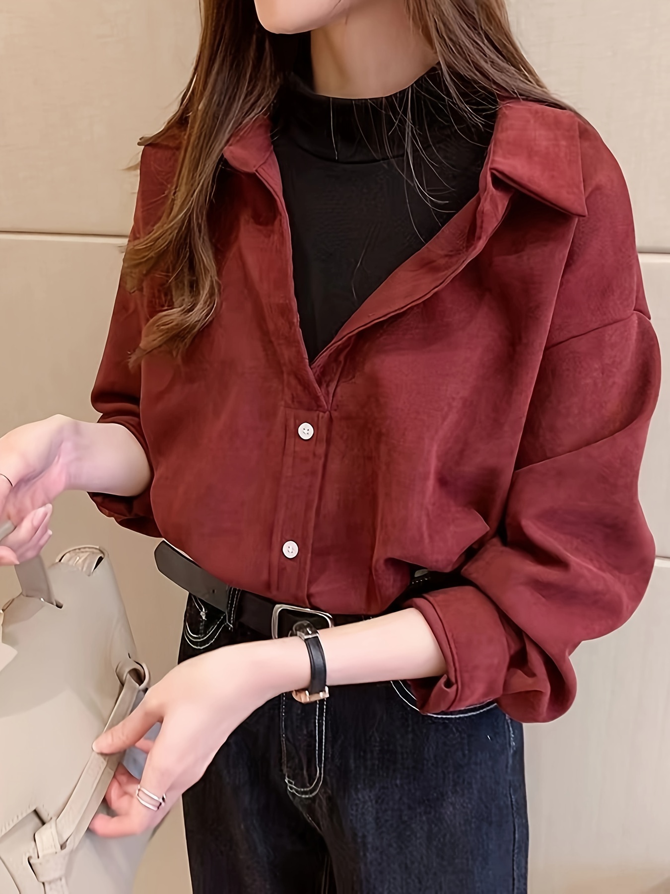 ボタン装飾ラペルネックブラウス、春と秋のためのカジュアルな長袖ブラウス、女性の服 Temu Japan