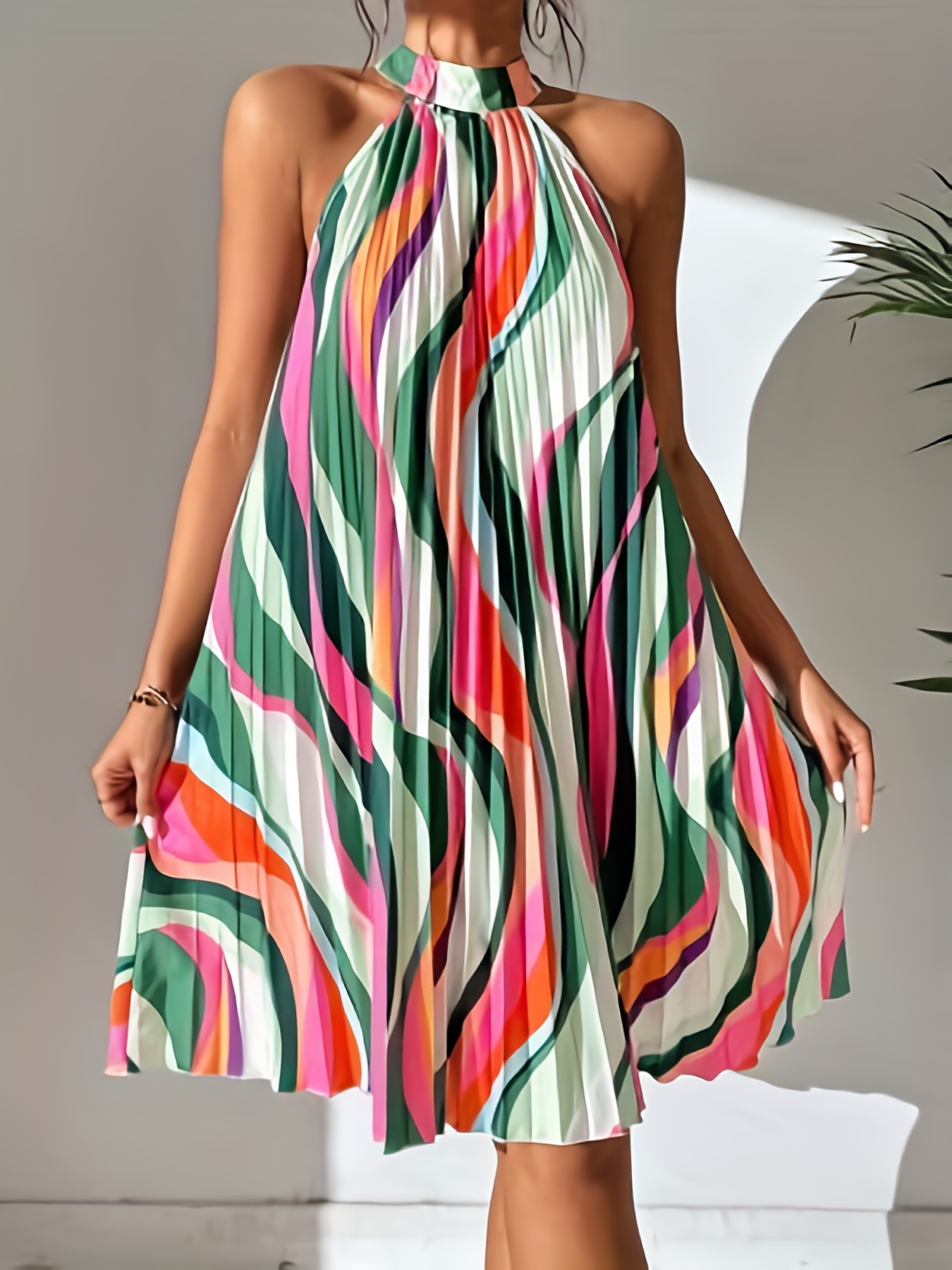 Abstract Ripple Print Dress Casual Pleated Sleeveless Mini - Temu Australia