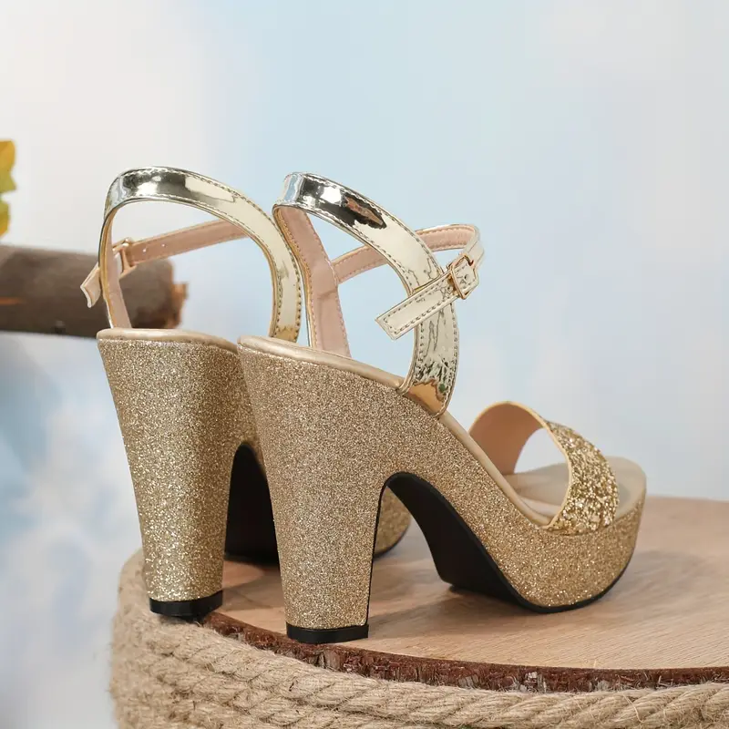 Glitter Block Heeled Sandals Women S Open Toe Ankle Strap Temu New