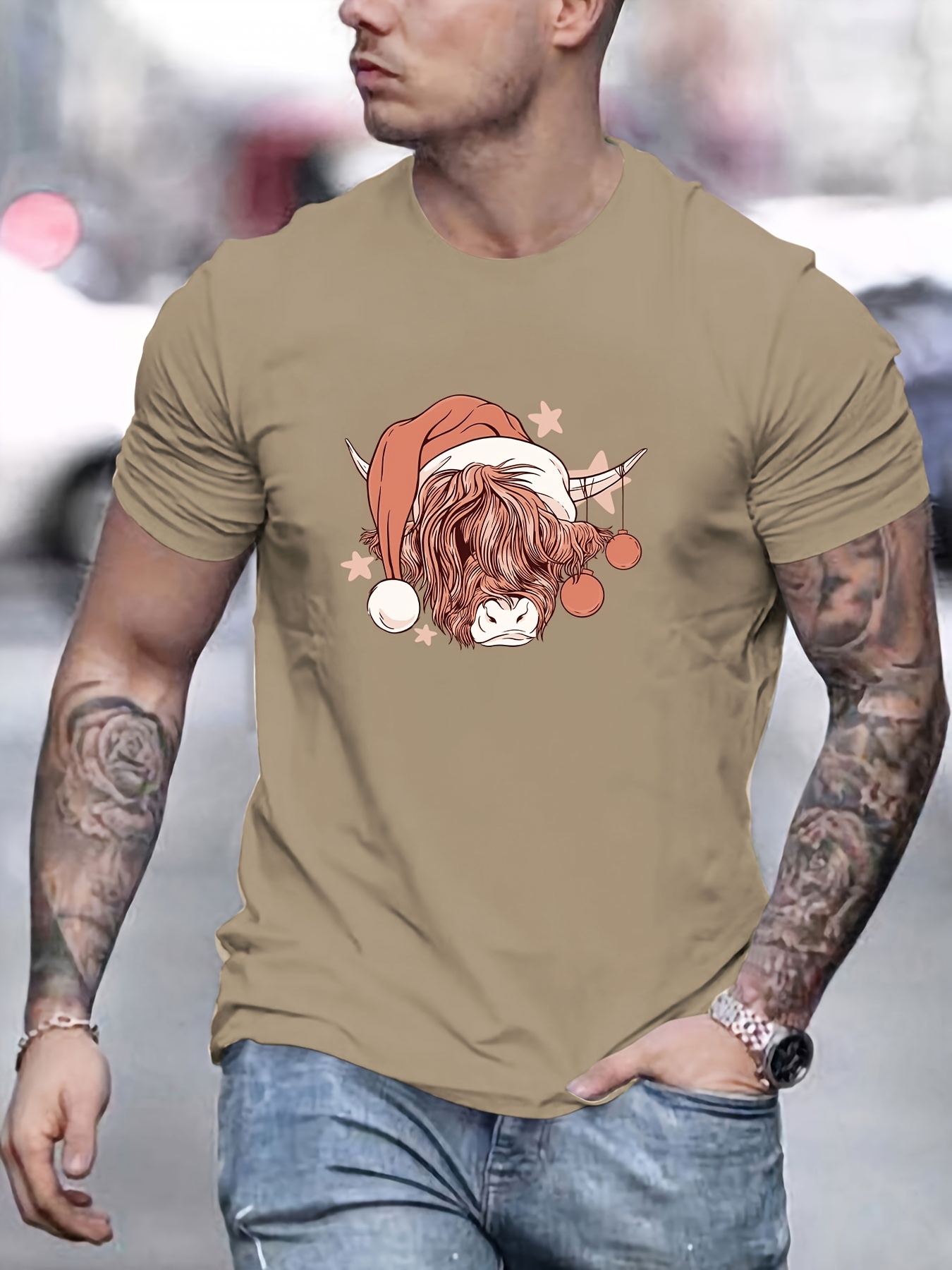 Yak In Santa Hat Print T Shirt Tees For Men Casual - Temu Canada