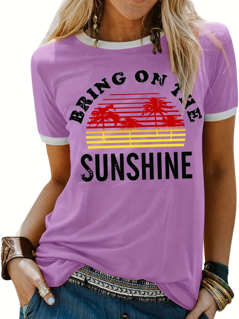 Vintage Sunshine Coconut Tree Print T Shirt Retro Round Neck Temu