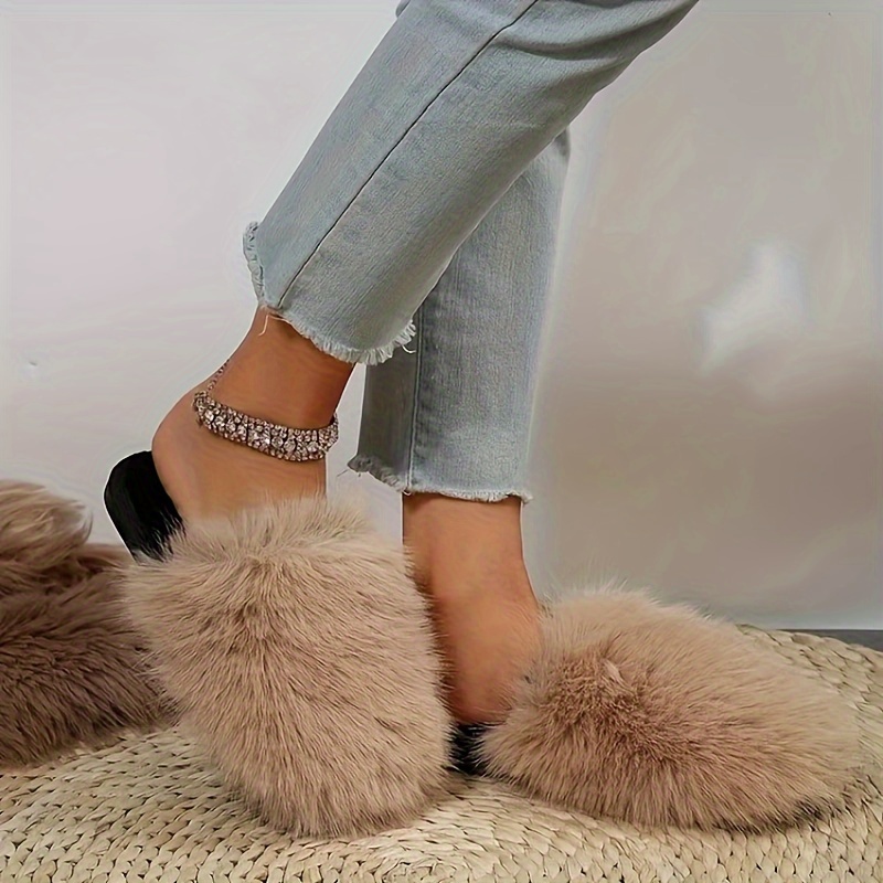 Warm Faux Fur Slippers Casual Slip Plush Lined Shoes - Temu Canada