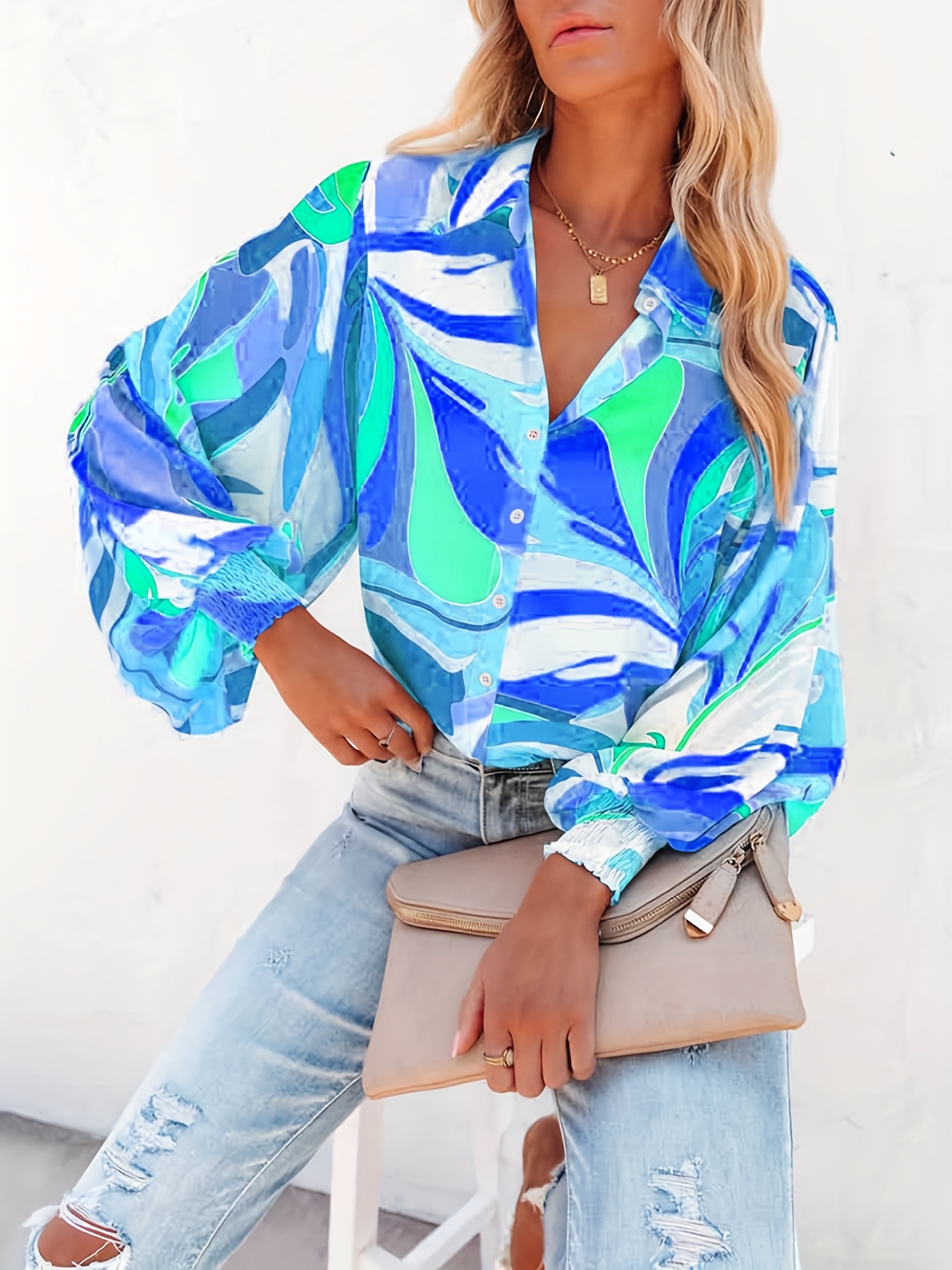 Color Block Printed Blouse Boho Lantern Sleeve Collar Blouse - Temu ...