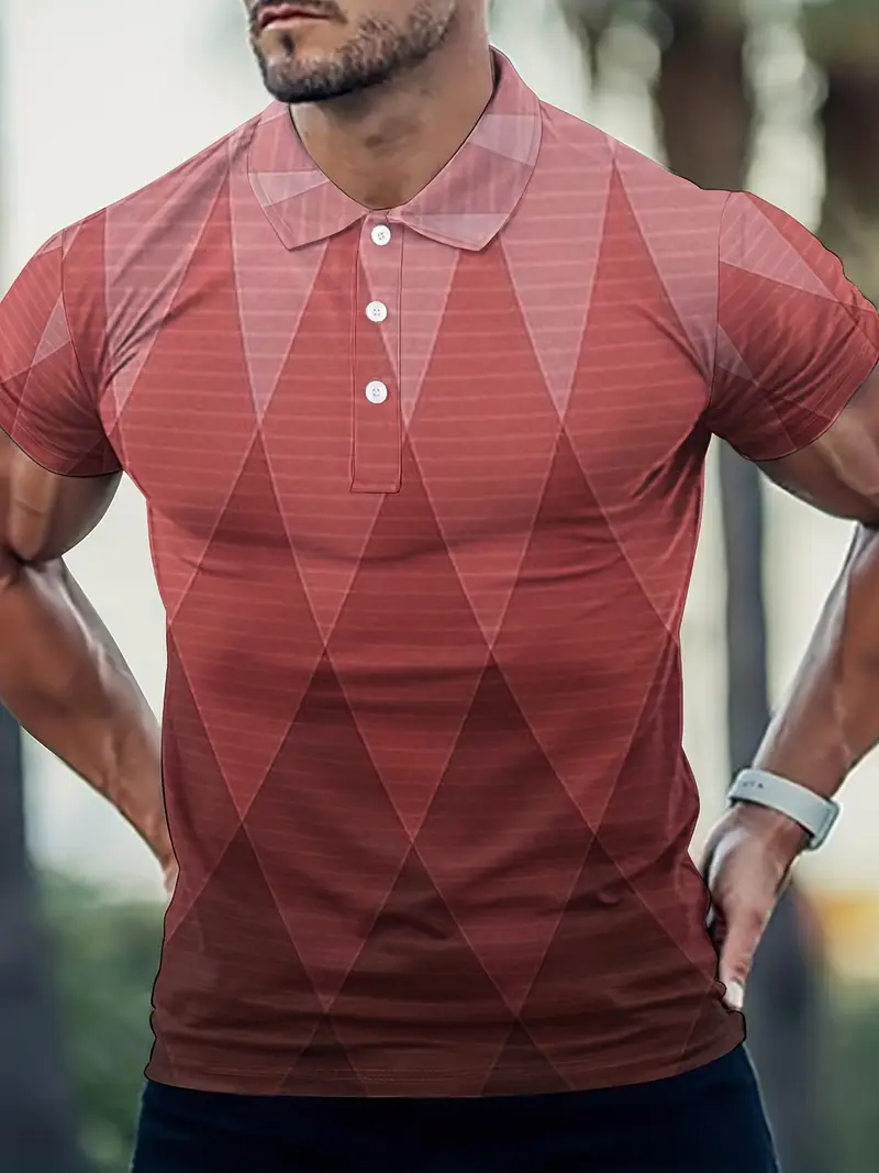 Gradient Pattern Casual Slightly Stretch Button Up Short Sleeve Polo
