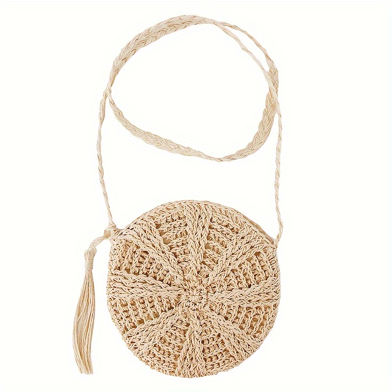 Round Woven Straw Bag Boho Tassel Decor Crossbody Bag Travel - Temu ...