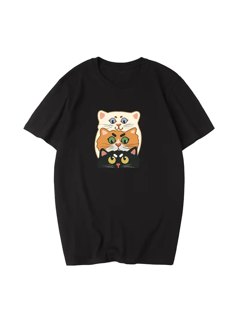 Cute Cat Print T Shirt Casual Crew Neck Short Sleeve T Shirt Casual