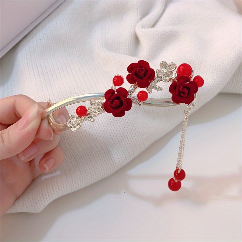 Red Rose Tassel Headwear A Word Clip Hair Accessory Blue - Temu United ...