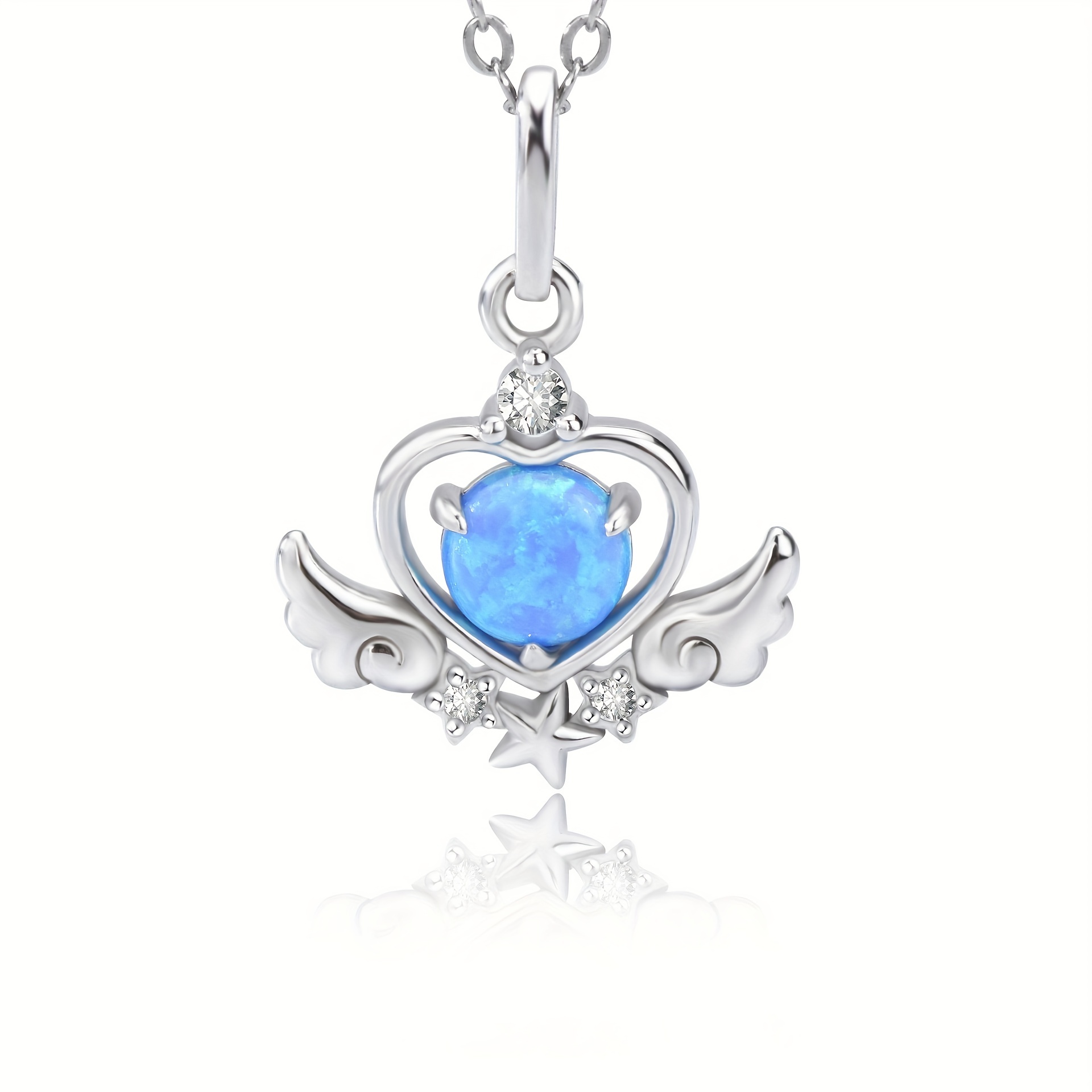 Girl's Opal Heart Wings Magic Necklace, 925 Sterling Silver Heart Star ...