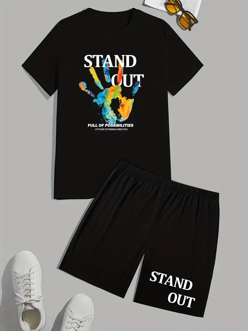 プラスサイズの男性用カラフルなヤシの木と「目立つ」グラフィックプリントtシャツ&ショーツセット 夏用 Temu Japan