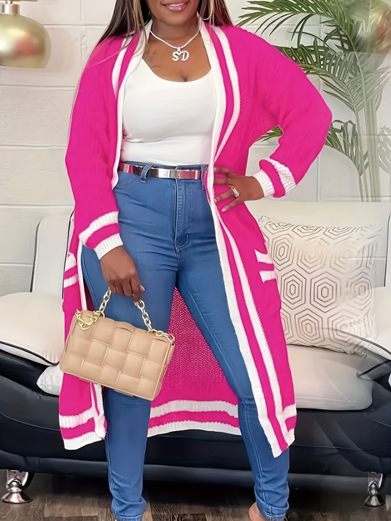 Casual Cardigan Plus Size Women s Plus Colorblock Stripe - Temu Australia