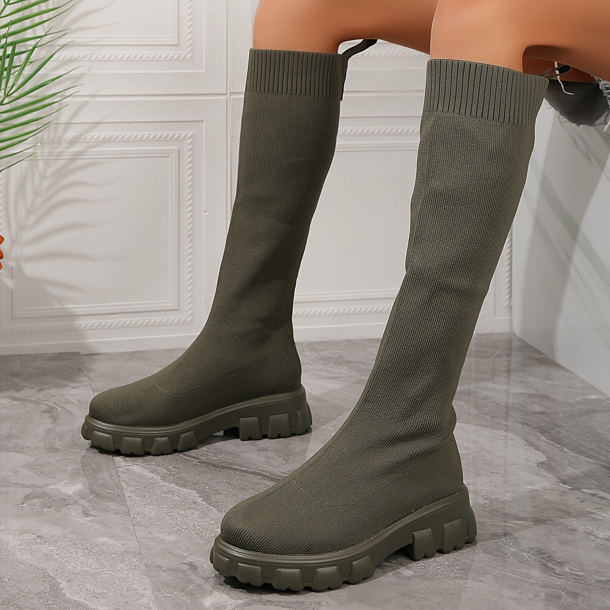 Sock Calf Boots Women s Knitted Solid Color Round Toe - Temu Australia