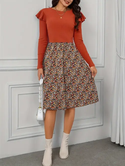 Floral Print Long Sleeve Dress Elegant Ruffle Trim Crew Neck Temu