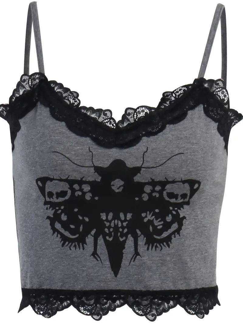 Lace Contrast Spaghetti Strap Top Y2k Crop V Neck Backless Temu