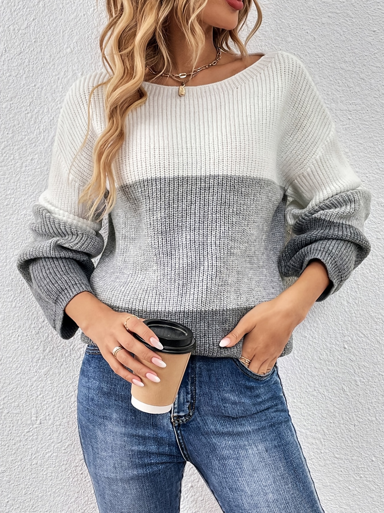 Color Block Pullover Sweater Casual Long Sleeve Crew Neck - Temu Australia