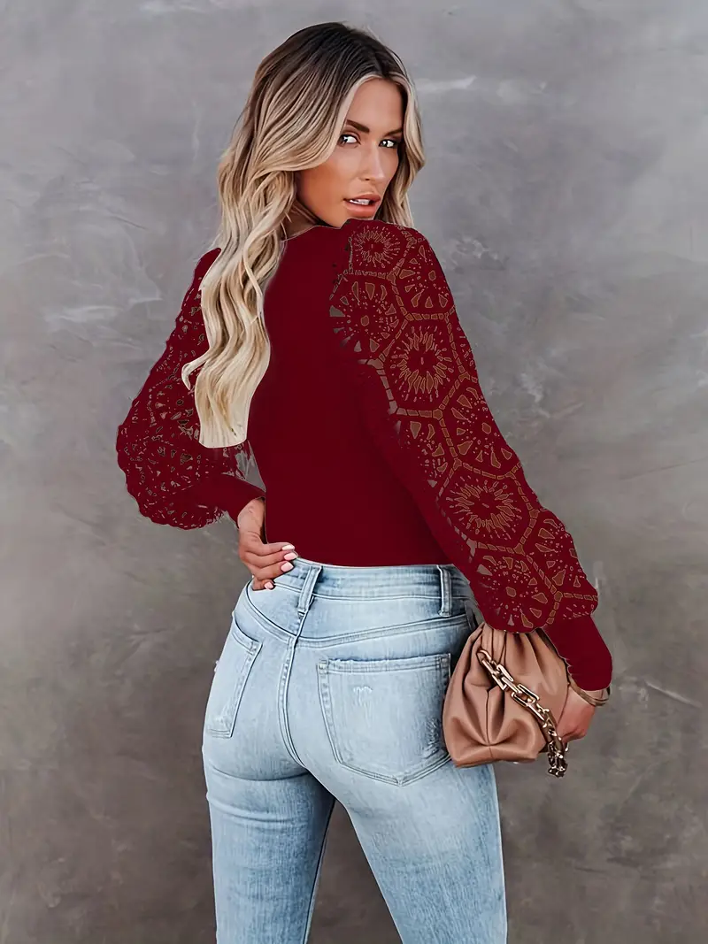 Solid Lace Splicing T shirt Elegant Crew Neck Long Sleeve - Temu Solid Lace Splicing T shirt Elegant Crew Neck Long Sleeve - Temu