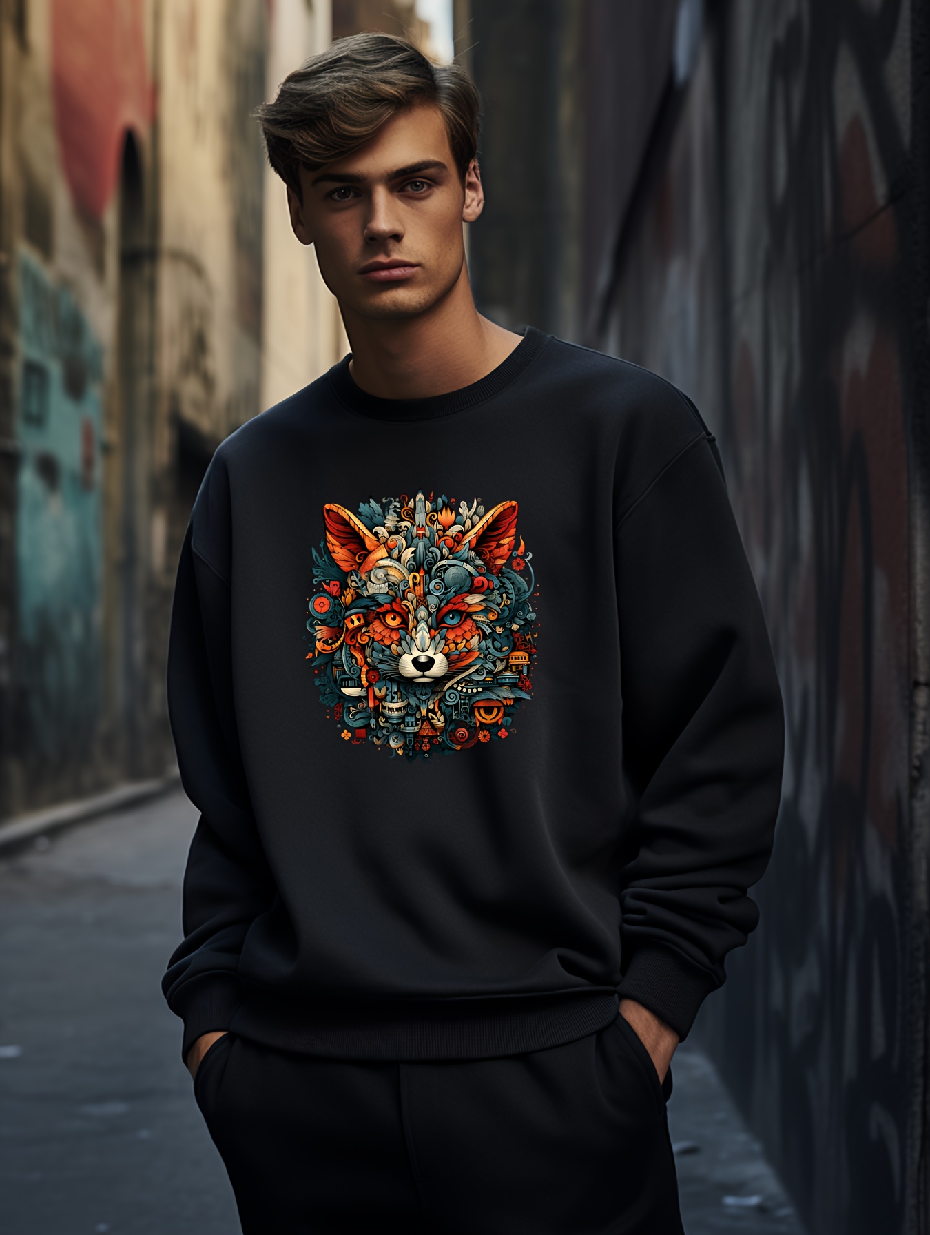 Fox Print Fashionable Men's Casual Long Sleeve Crew Neck - Temu Australia