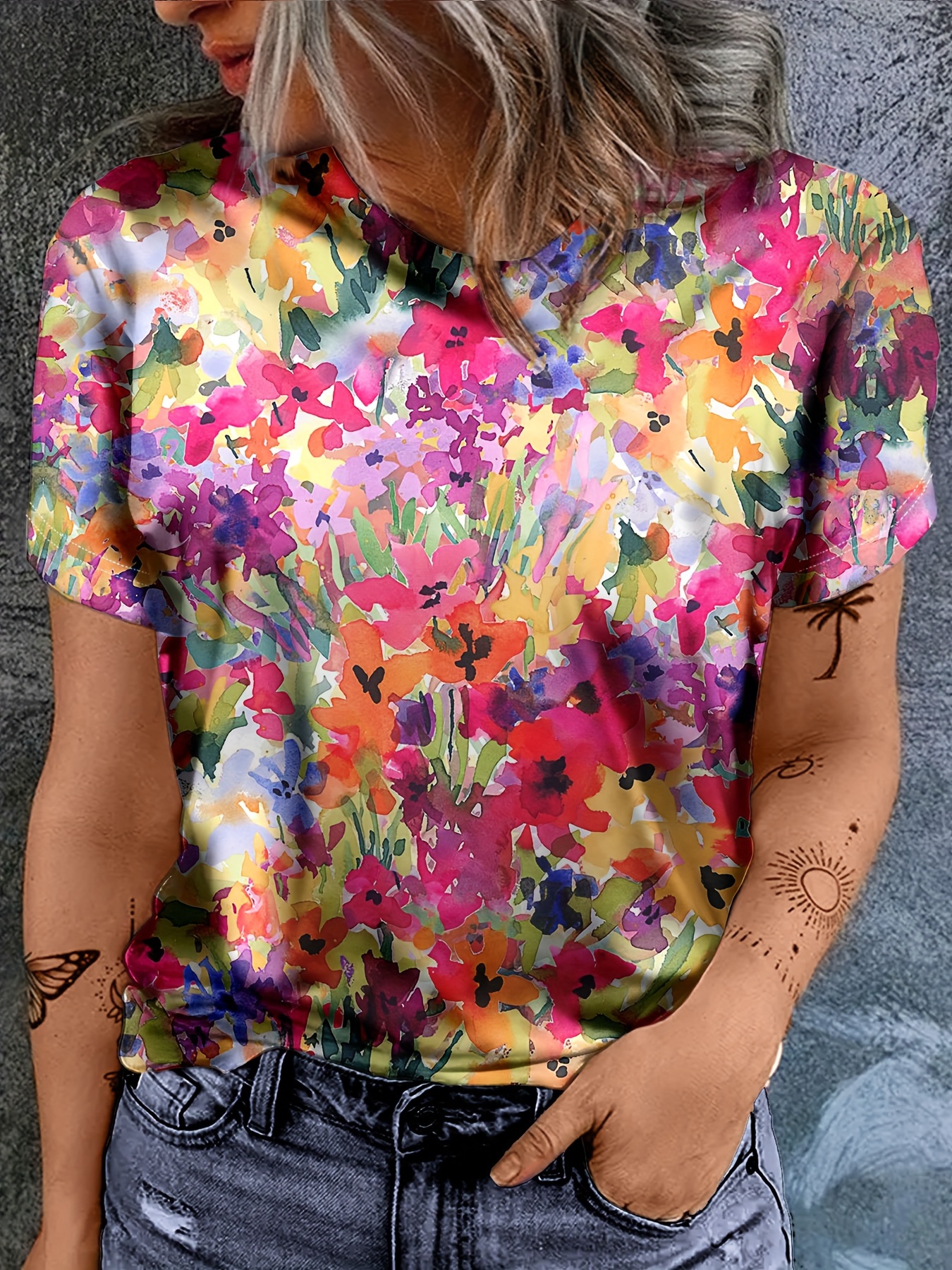 flower graphic print t shirt short sleeve crew neck casual - Temu Canada