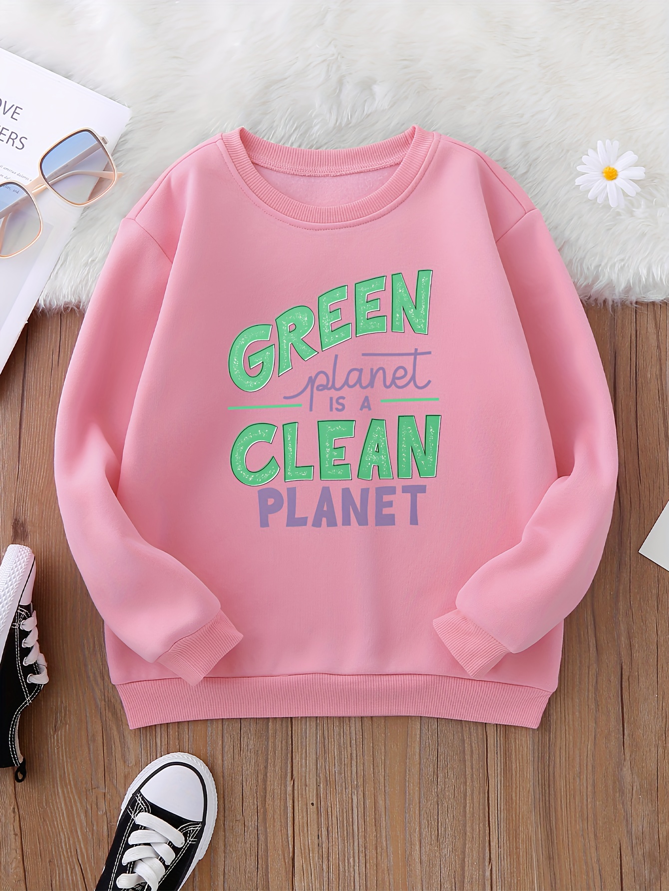 Casual Girls''green Planet Clean Planet'' Slogan Crew Neck - Temu Portugal