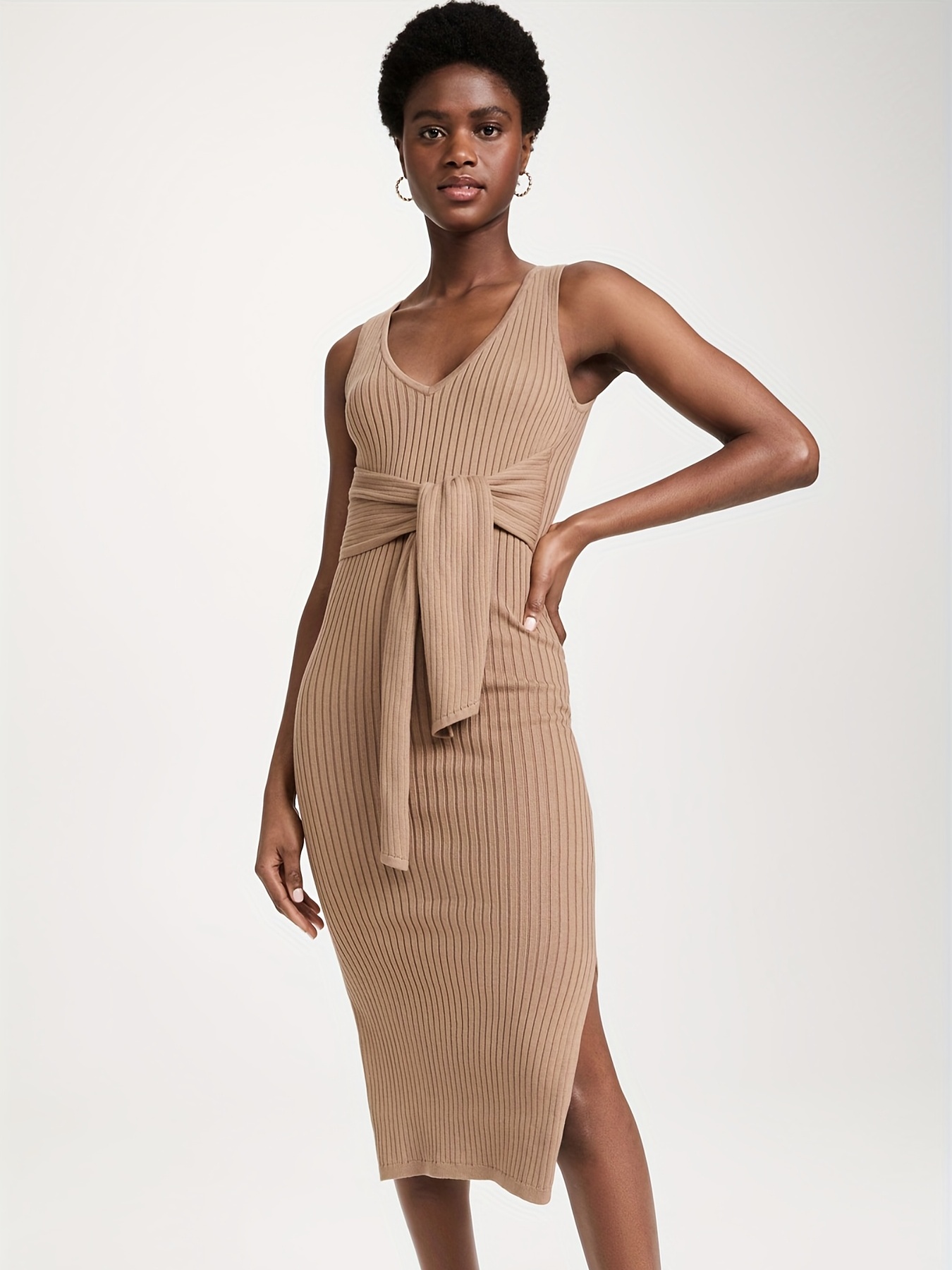 Solid Ribbed Dress Sexy Split V Neck Sleeveless Knotted - Temu Canada