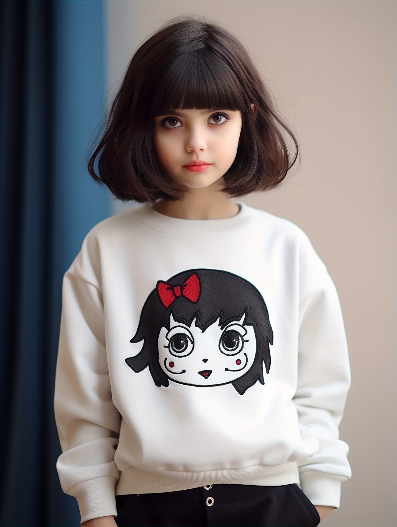Kids Girls Cartoon Girl With Bowknot Print Long Sleeve - Temu New Zealand