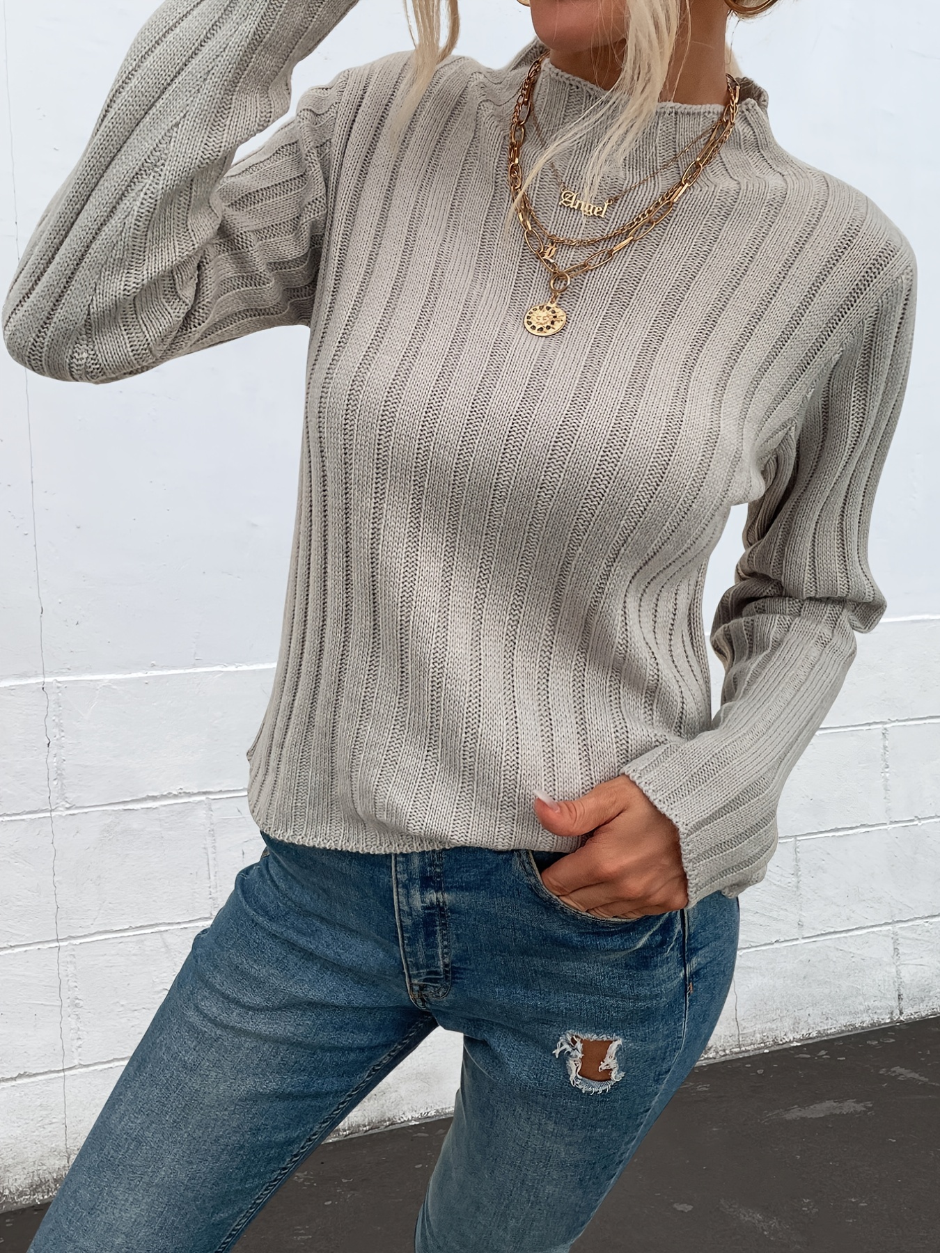 High Neck Pit Strip Sweater Casual Long Sleeve Slim Fit - Temu Australia