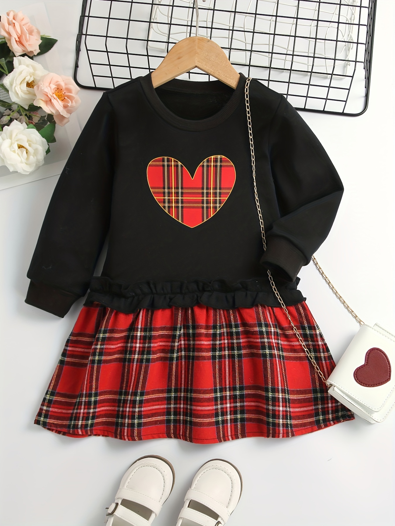 Girls Fashion Plaid Heart Print Ruffle Trim Dress For Kids - Temu New ...
