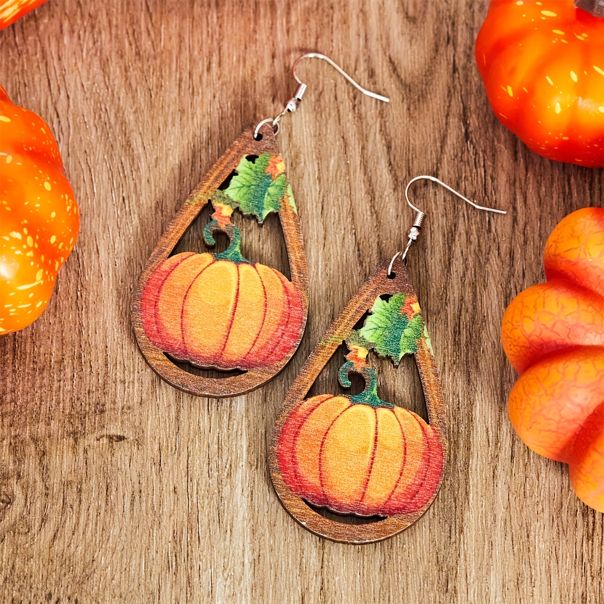 Water Drop Shape Hollow Out Pumpkin Wooden Dangle Earrings - Temu Australia