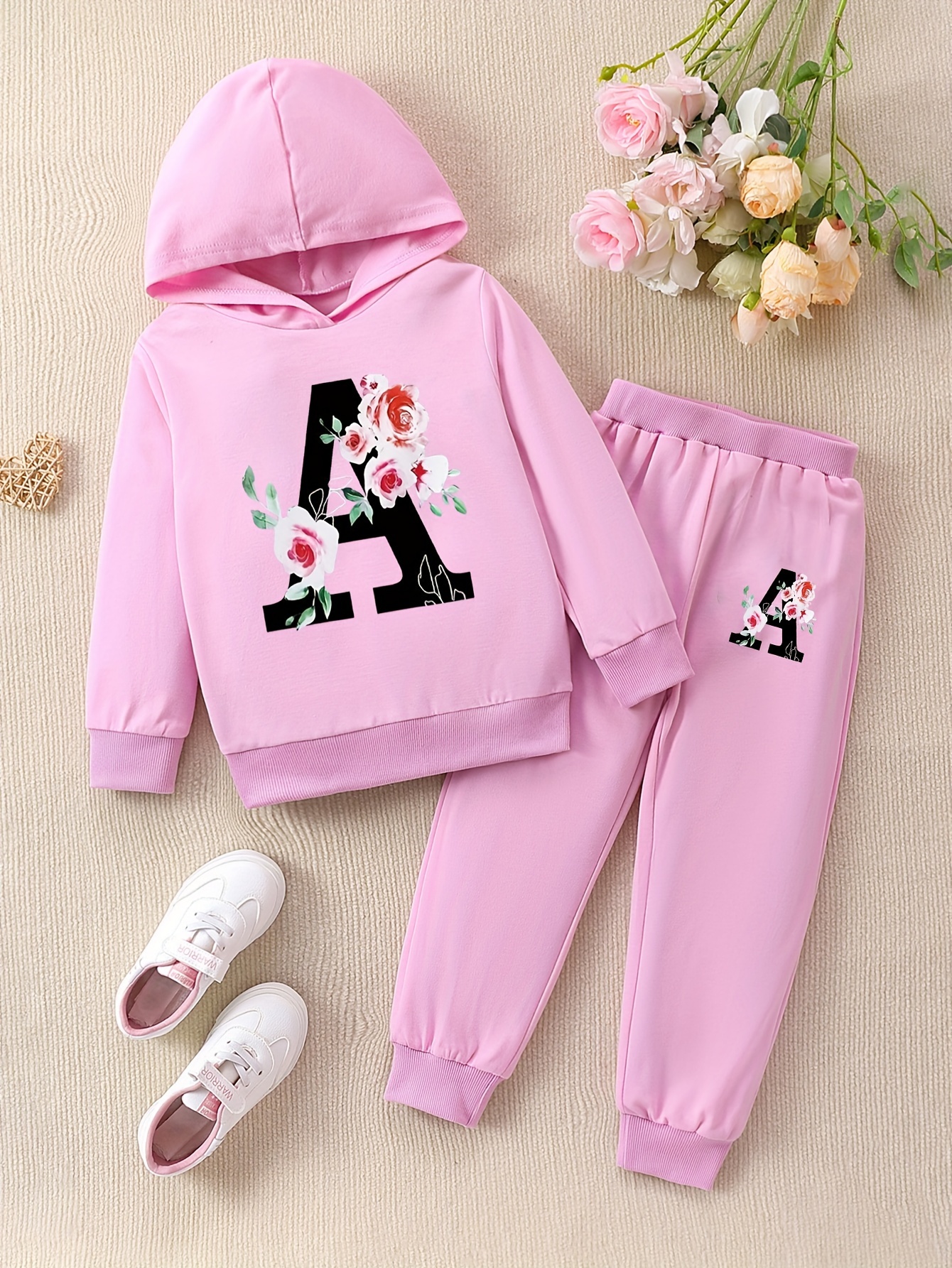 A Letter Flower Graphic Outfits Girls Comfy Activewear Sets - Temu Canada