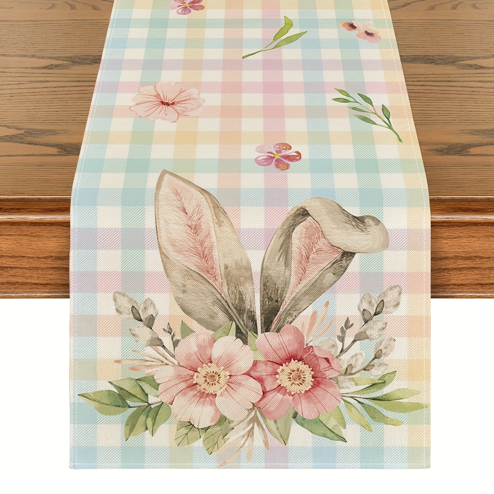Table Runner Buffalo Plaid Bunny Rabbit Floral Pattern Table - Temu New ...