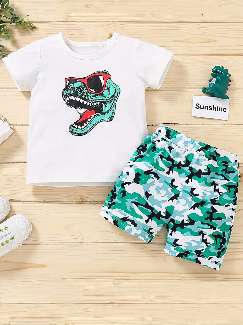 男の子恐竜プリント Tシャツと迷彩ショーツセット 2 枚 カジュアル半袖トップとパンツ 夏の幼児キッズ子供用 Temu Japan