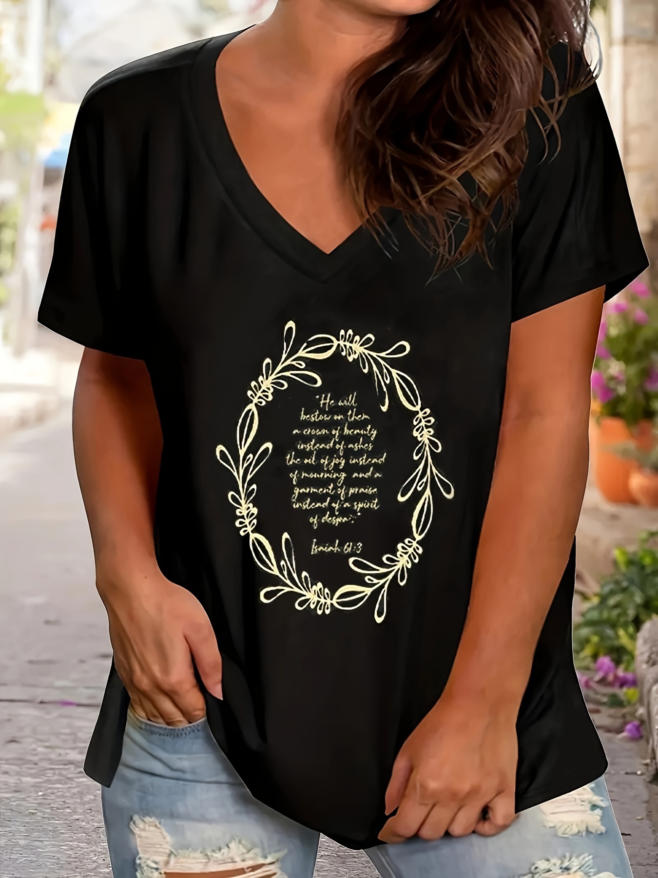Plus Size Casual T Shirt Womens Plus Floral Slogan Print Temu