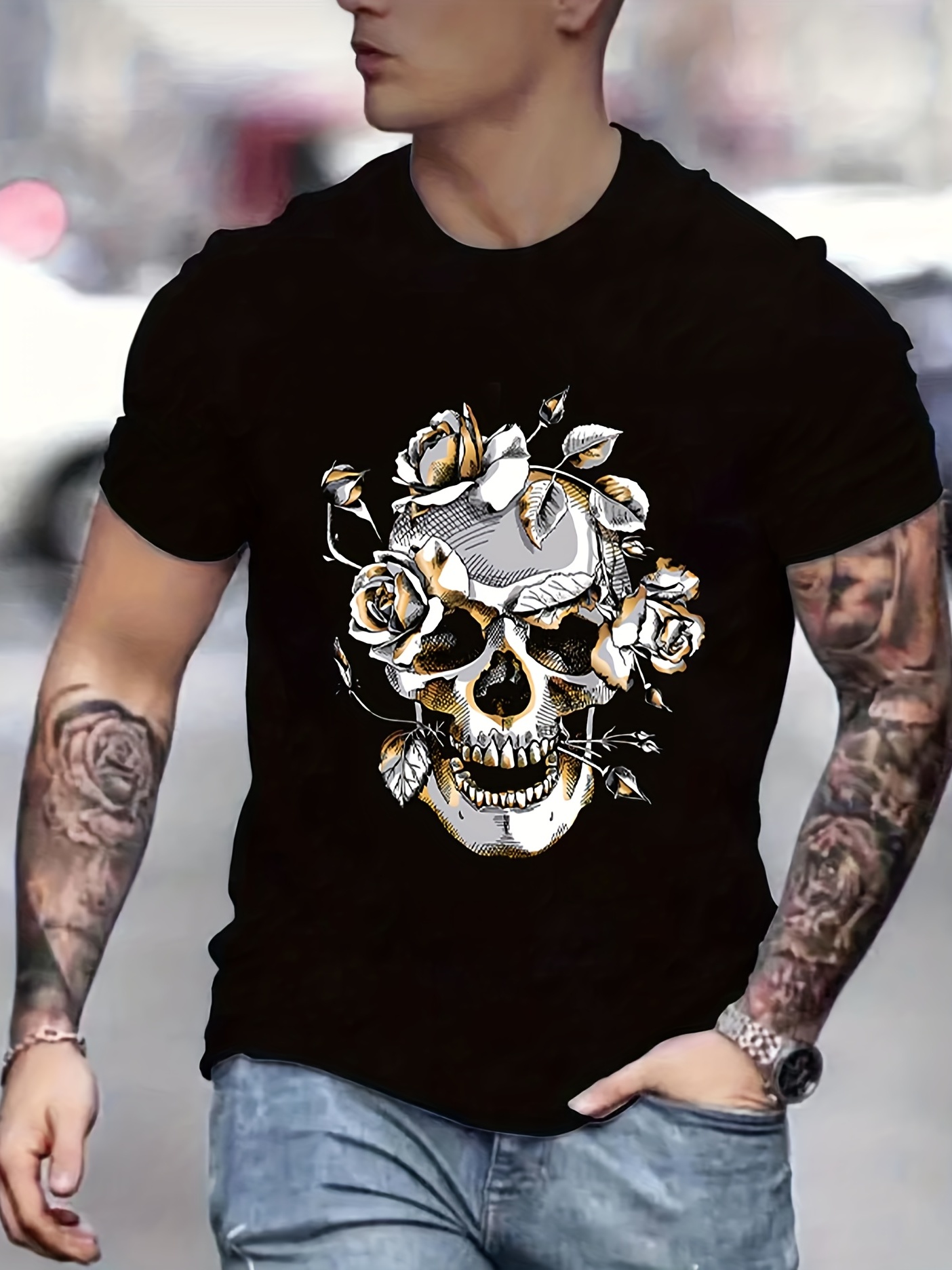 Roses Skull Print Men's Casual Short sleeved T shirt Summer - Temu Canada