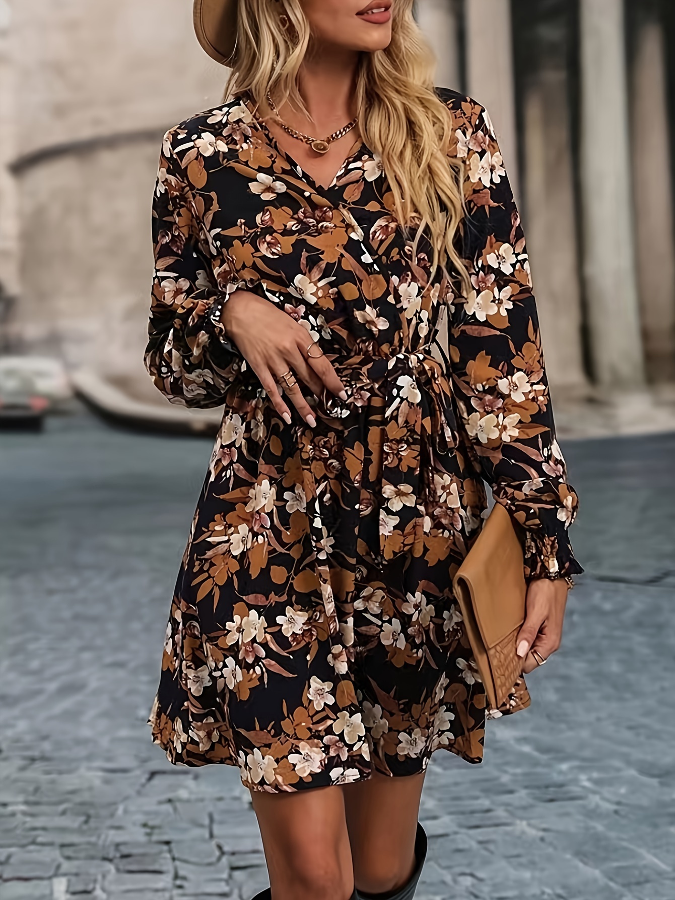 Floral Print Surplice Neck Dress Elegant Long Sleeve Mini - Temu New Zealand